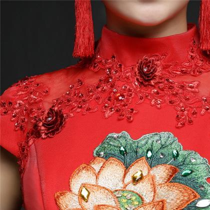 Chinese Style Red Women Formal Dress With Flower Pattern High Neck ...