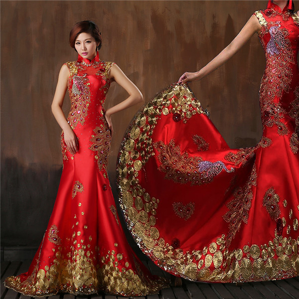 Chinese Style Red Satin Wedding Dress With Chic Decorations High Neck ...