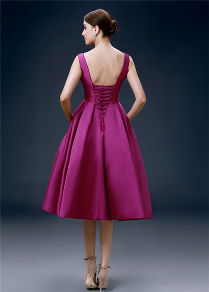Fuchsia Satin Short Prom Dress Cleavage Neckline Lace Up Closure