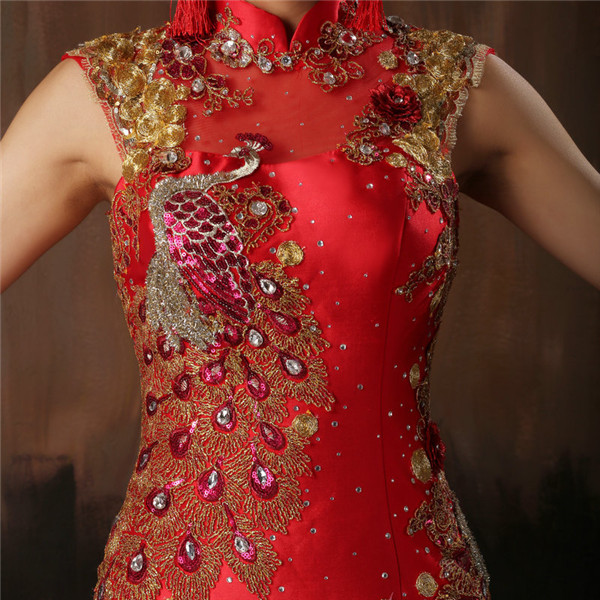Chinese Style Red Satin Wedding Dress With Chic Decorations High Neck ...