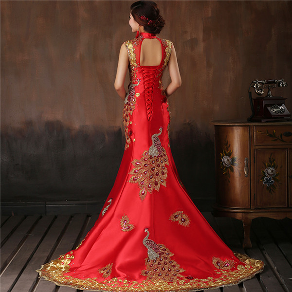 Chinese Style Red Satin Wedding Dress With Chic Decorations High Neck ...